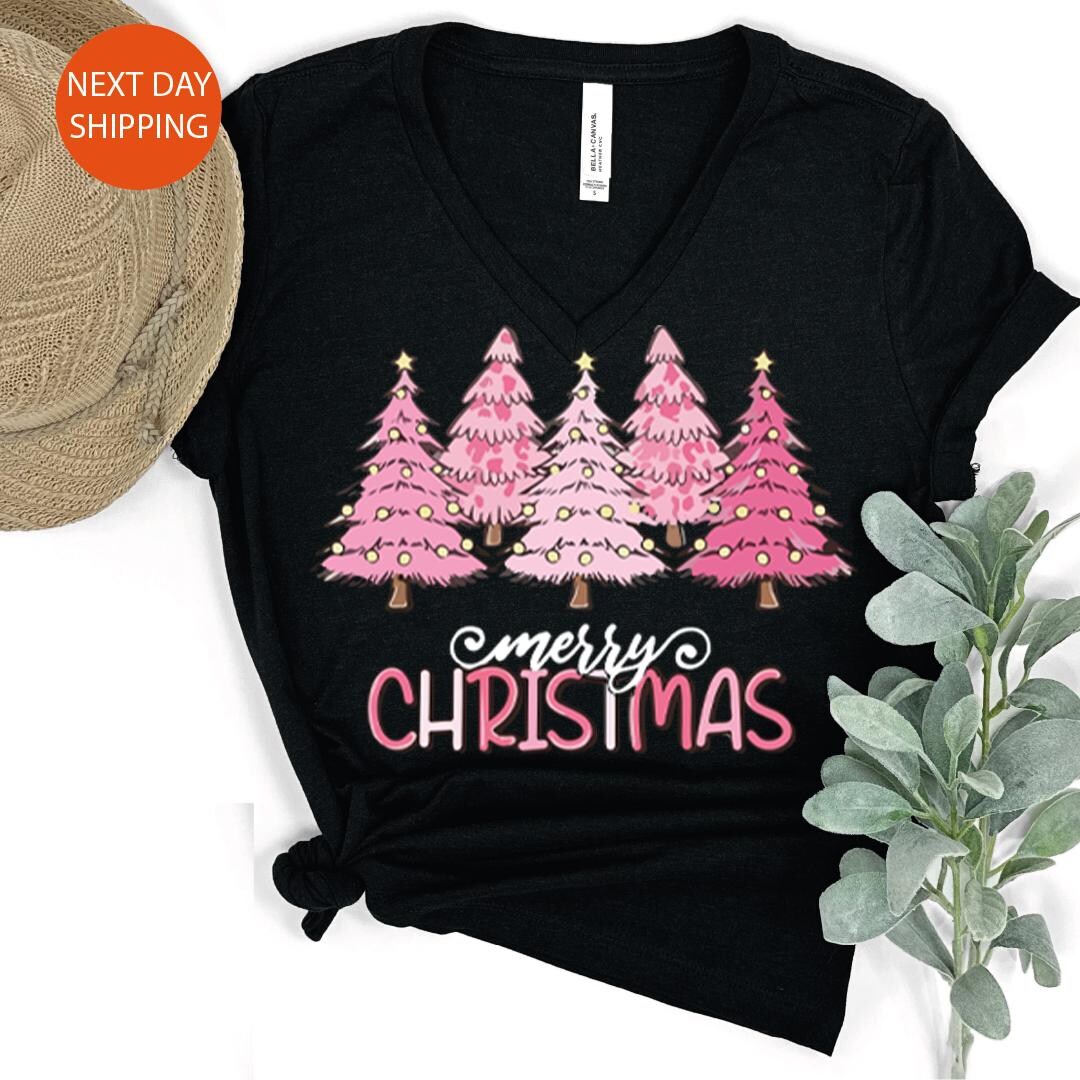 Pink Tree Christmas V Neck T-shirt, Christmas Tee, Christmas V-neck ...