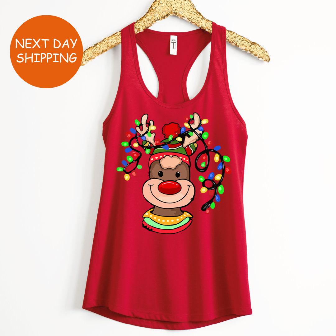 Reindeer Christmas Lights Tank Top, Funny Cute Christmas Lights With ...