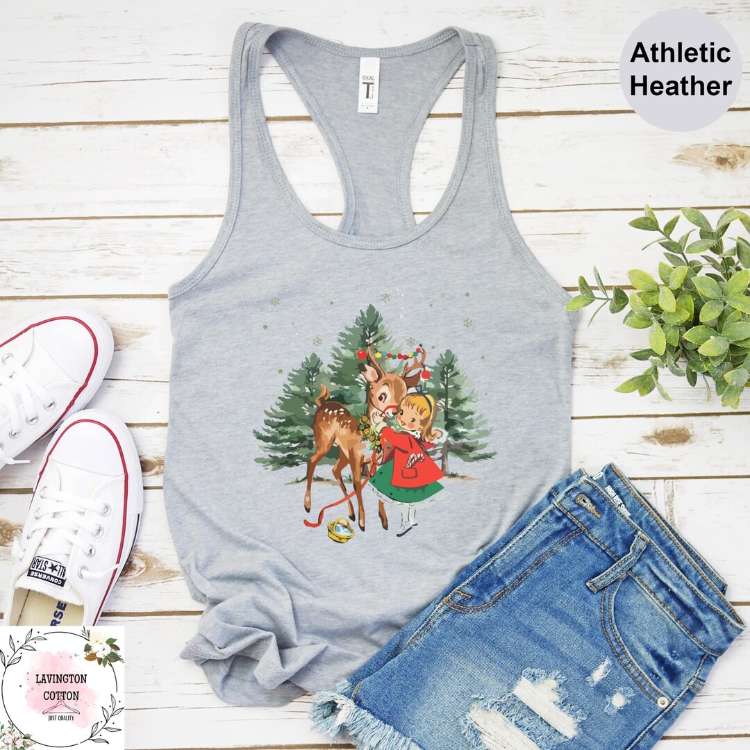 Vintage Christmas Girl and Reindeer Tank Top, Retro Holiday Tank Top ...