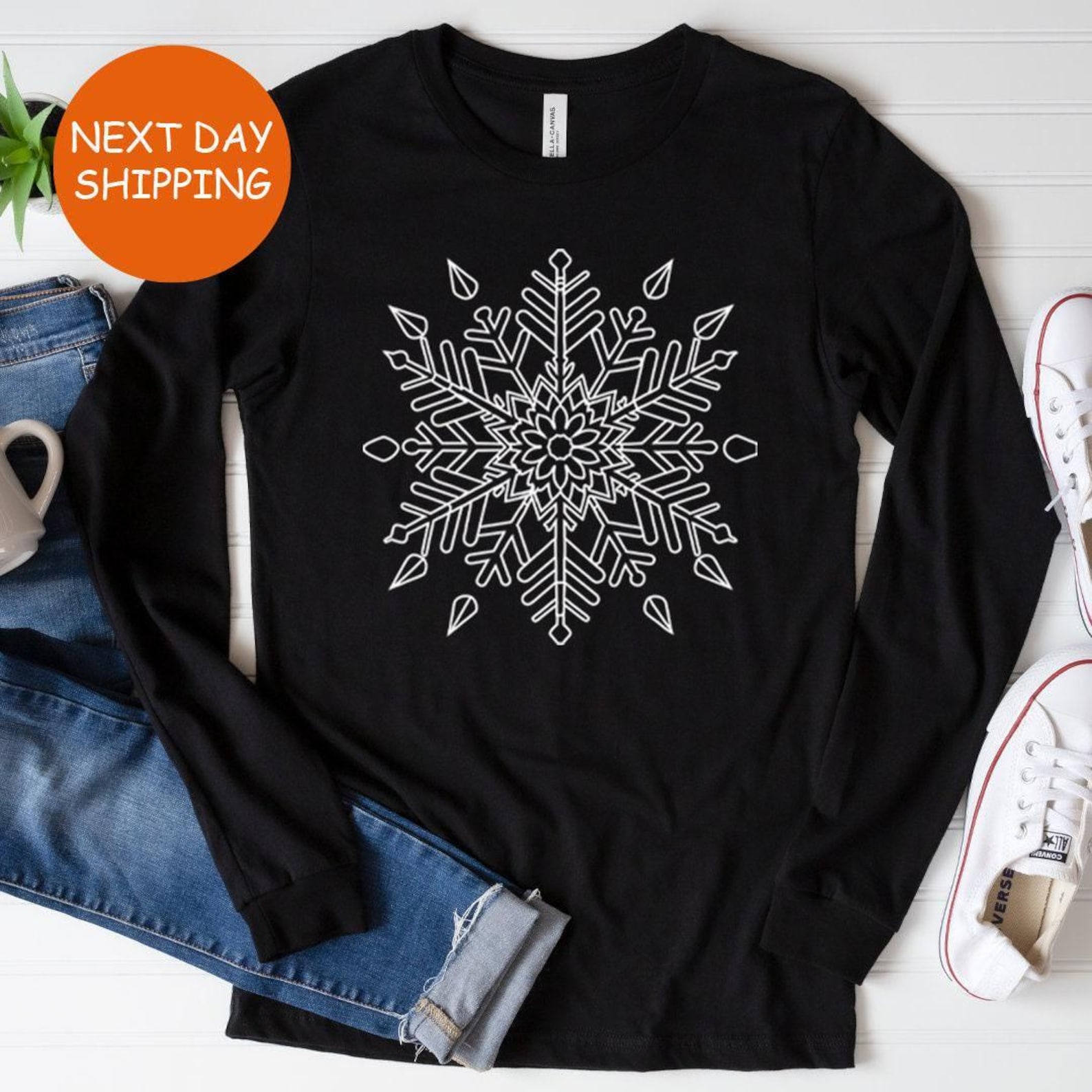 Snowflake Long Sleeve, Christmas T-shirt, Holiday Party Tops, Women ...