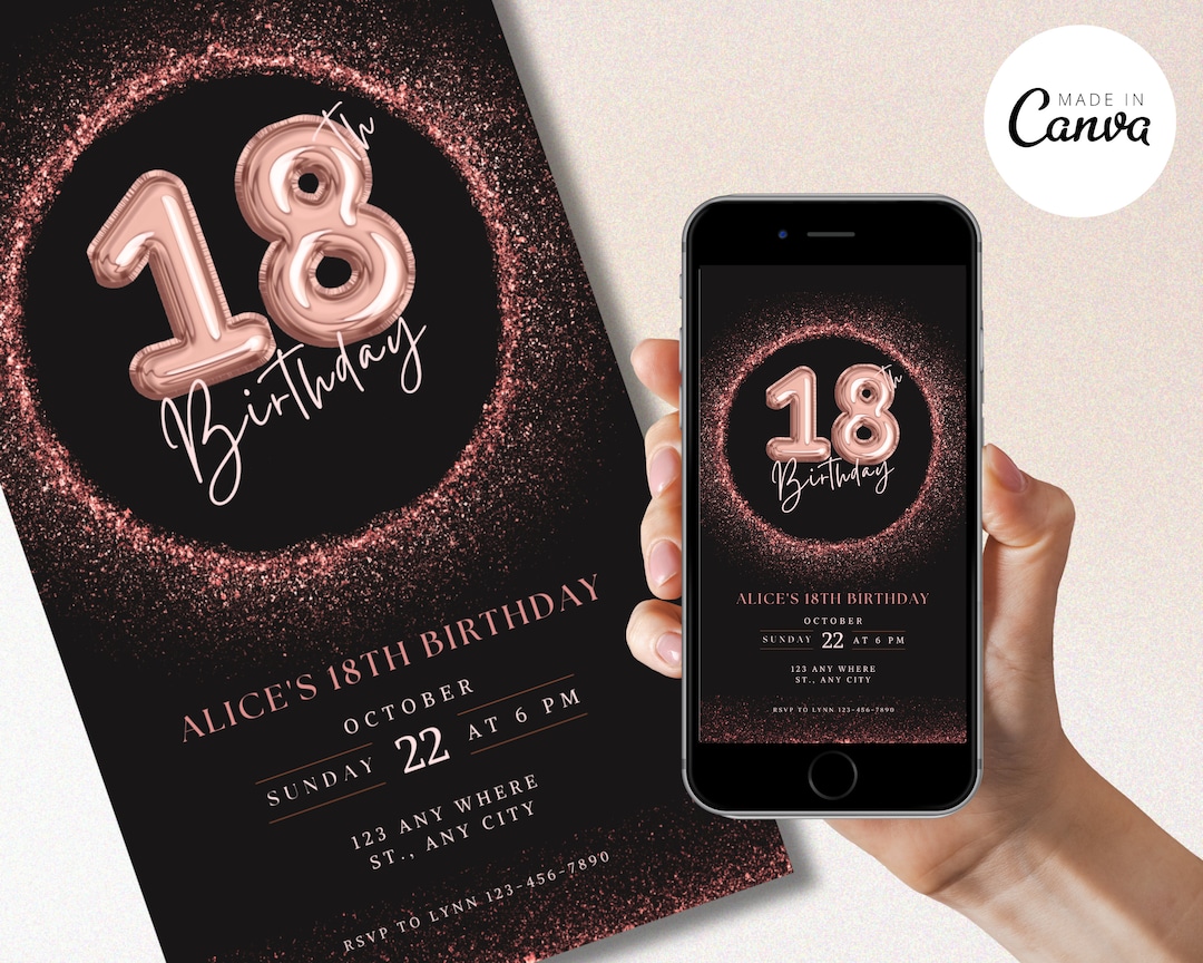 18th ROSE GOLD GLITTER Birthday Digital Invitation Template, Editable ...
