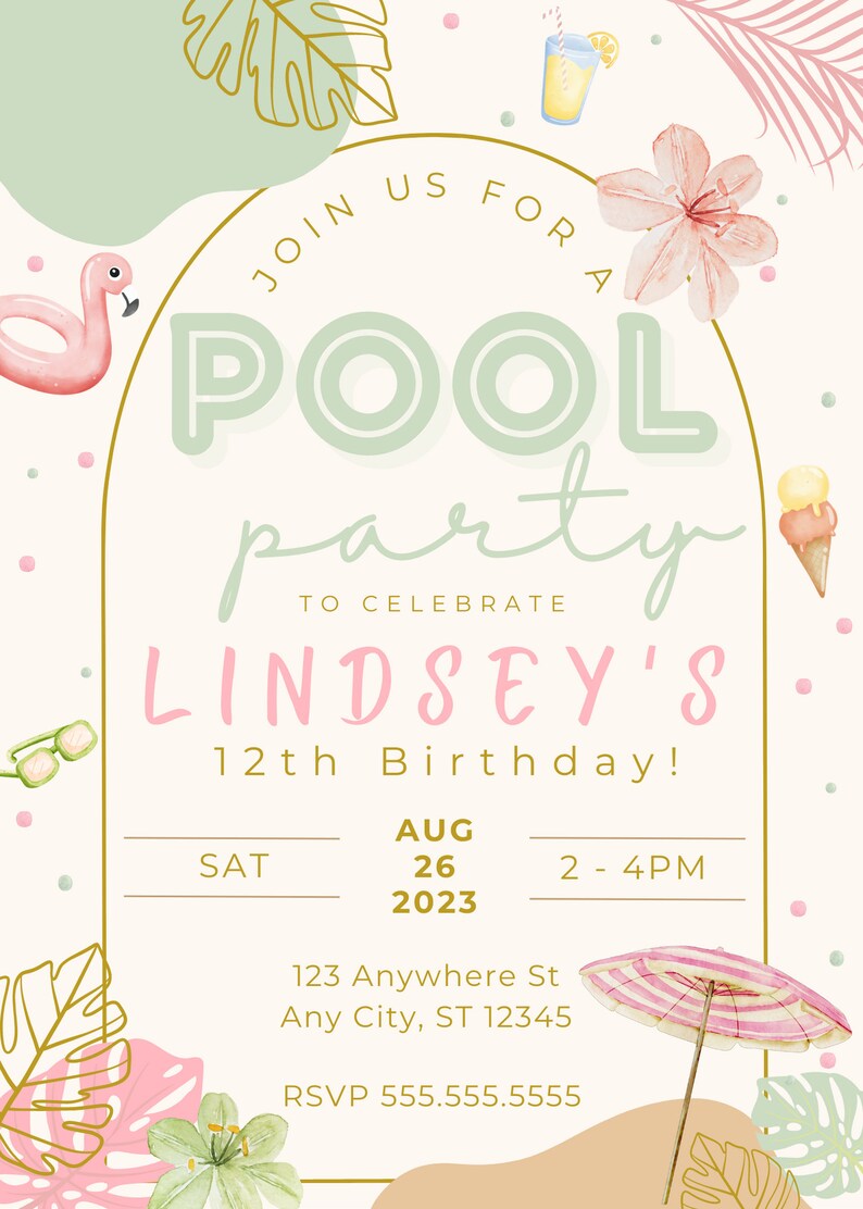 Vintage Pool Party Birthday Invitation, Modern Simple Chic Pool Party ...