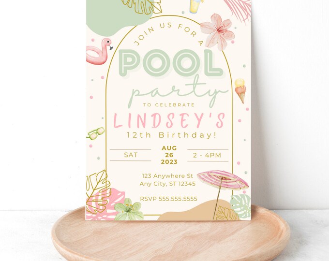 Vintage Pool Party Birthday Invitation, Modern Simple Chic Pool Party ...