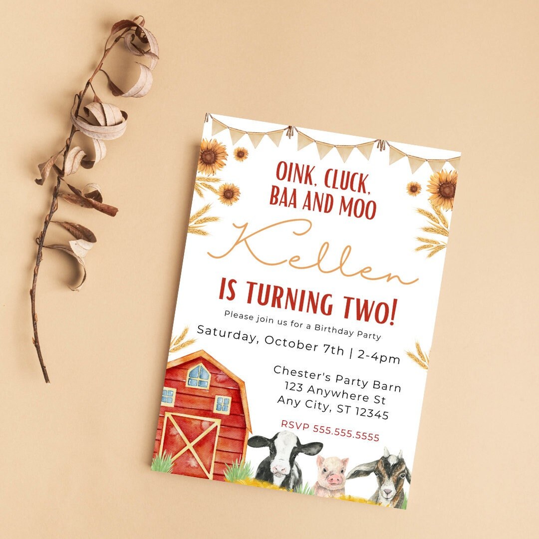 Farm Party Birthday Invitation, Barn Animals Party Invite Template ...