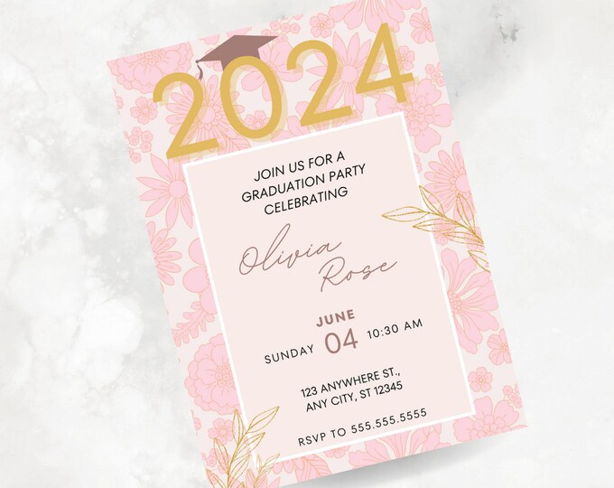 Graduation Announcement 2024, Floral Design, Girly Style, Personalized ...