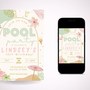 Vintage Pool Party Birthday Invitation, Modern Simple Chic Pool Party ...