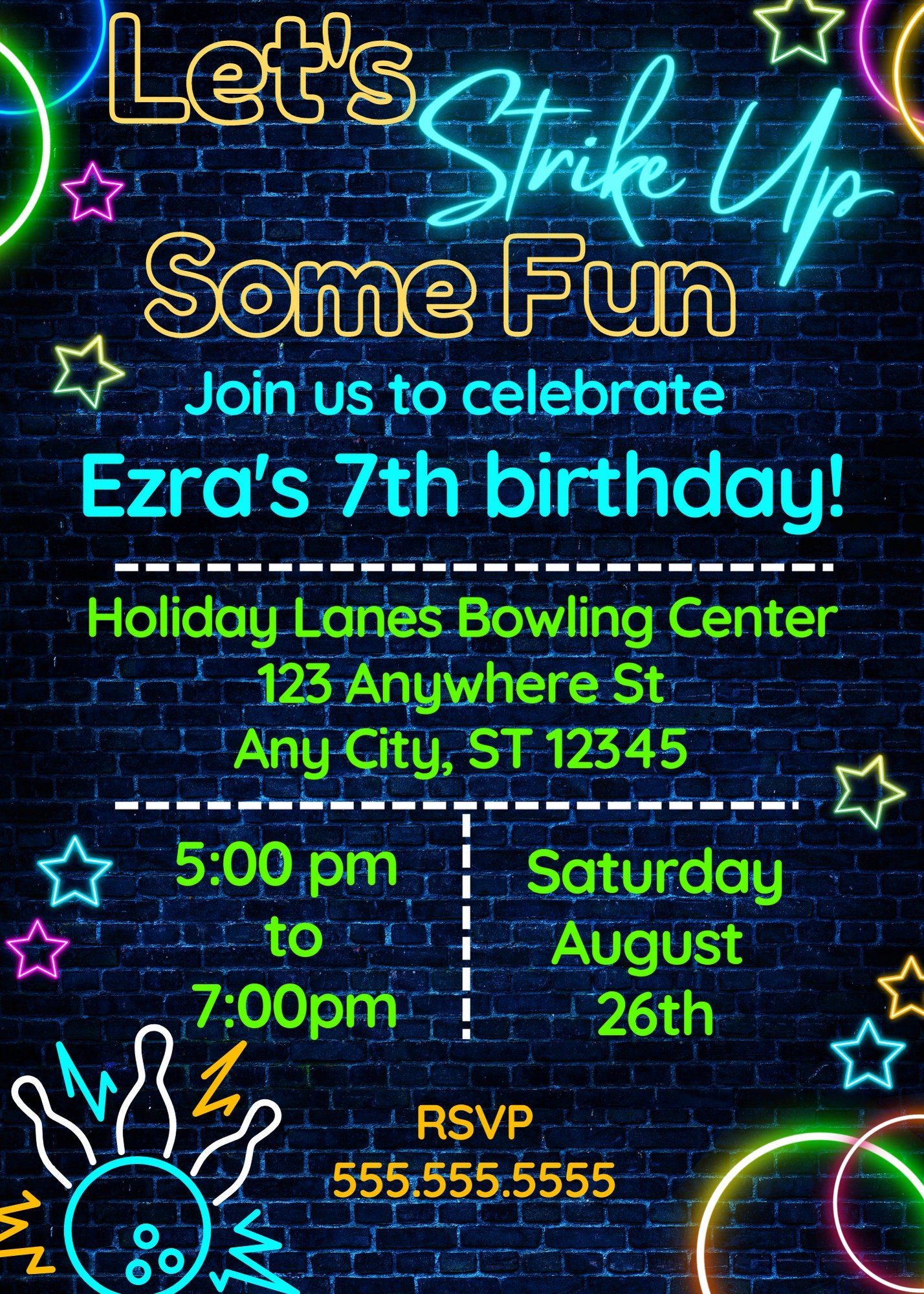 Neon Bowling Birthday Invitation, Bowling Party Invite, Let's Strike up ...