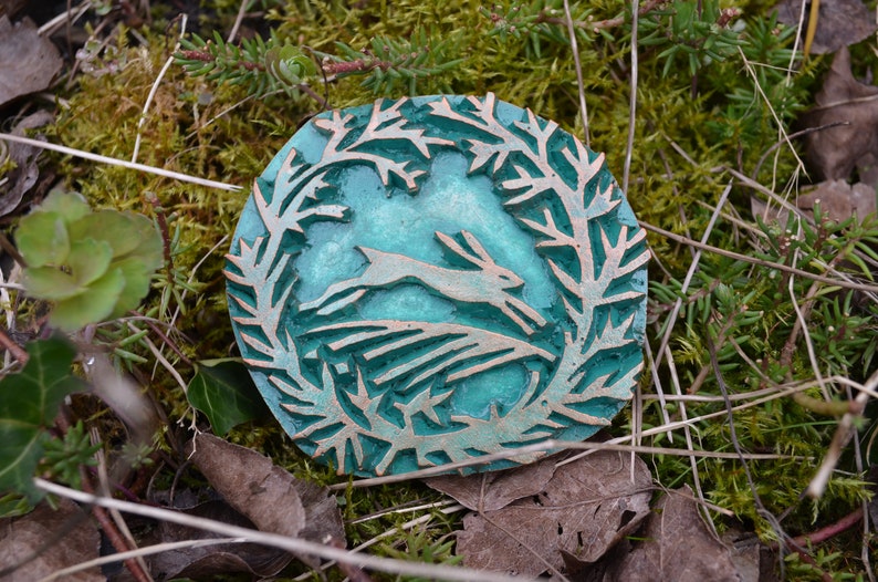 Jumping Hare Indoor Wall Plaque. Rabbit Art Relief Tile. Pagan ...