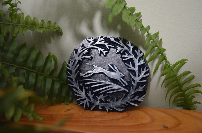 Jumping Hare Indoor Wall Plaque. Rabbit Art Relief Tile. Pagan ...