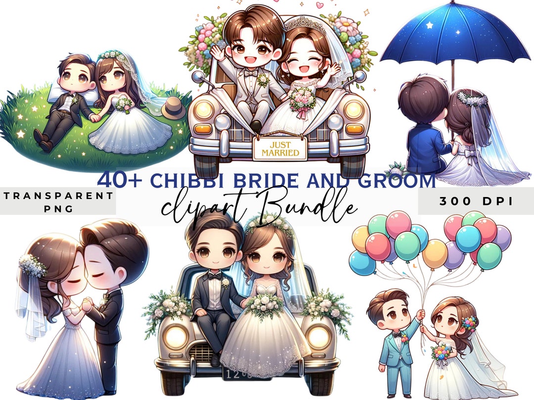 Chibi Clipart Couple, Chibi Couple Clipart, Couple Travel Chibi, Bride ...