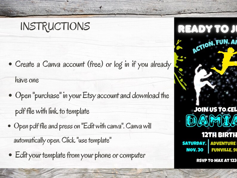 Urban Air Birthday Party Invitation Trampoline Park Invite Neon Jump ...