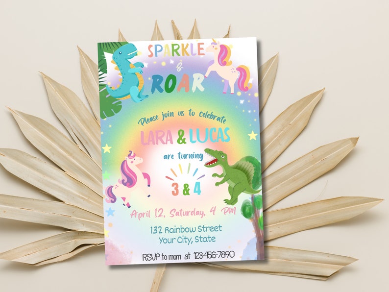 Unicorn and Dinosaur Invitation, Sibling Birthday Digital Invite ...