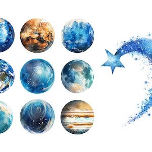 Watercolor Space Clipart Bundle, Cute Space Clipart Bundle, Sun ...