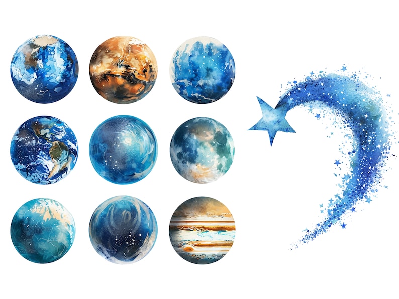 Watercolor Space Clipart Bundle, Cute Space Clipart Bundle, Sun ...