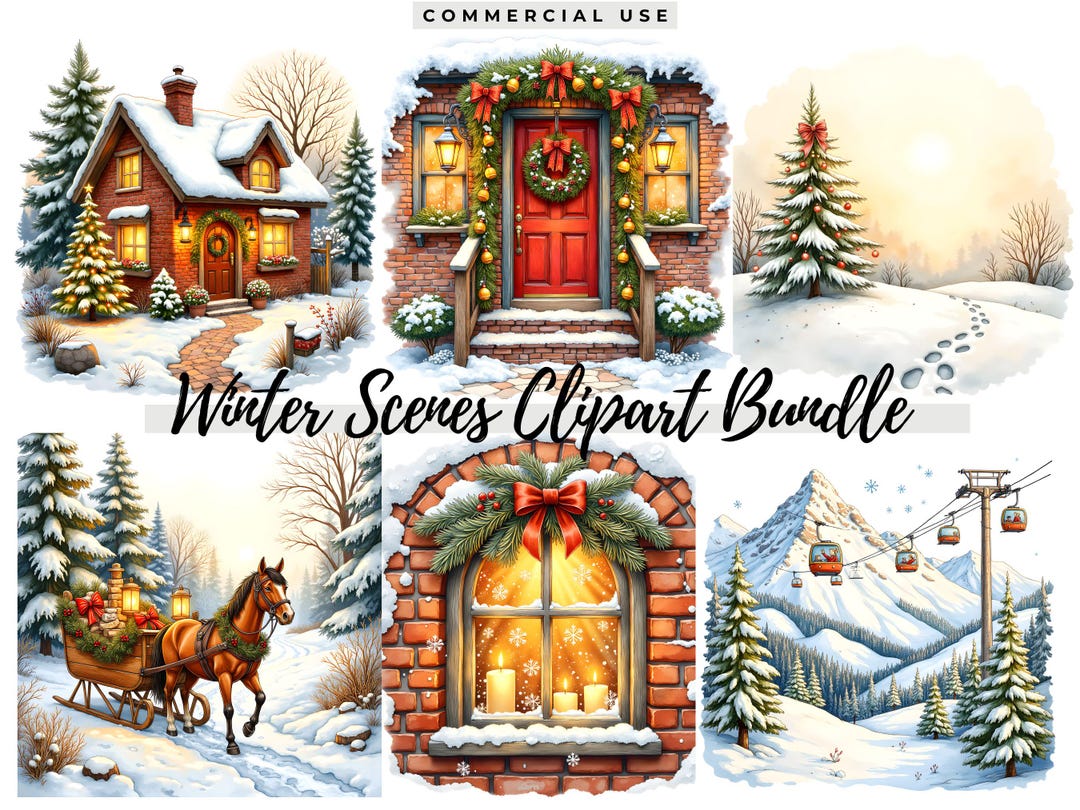 Winter Scenes Clipart Bundle, Snowy Landscapes Graphics, Digital ...