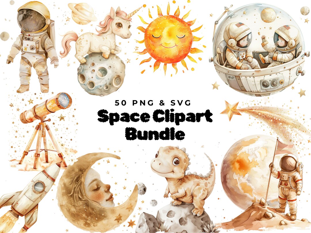 Watercolor Space Clipart Bundle, Cute Space Clipart Bundle, Sun ...