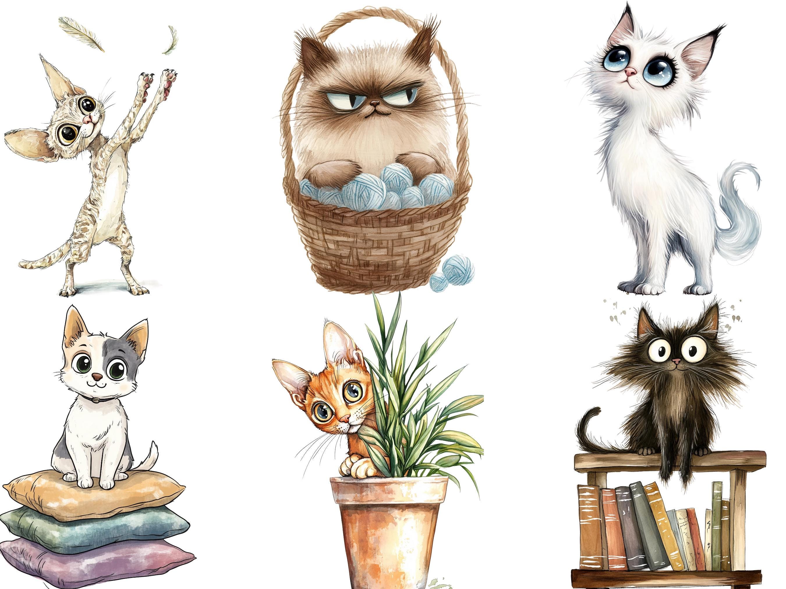 Watercolor Quirky Cats Clipart, Cute Funny Kitten Clip Art, Sublimation ...