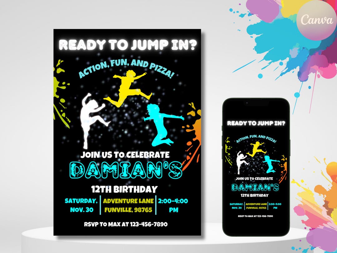 Urban Air Birthday Party Invitation Trampoline Park Invite Neon Jump ...