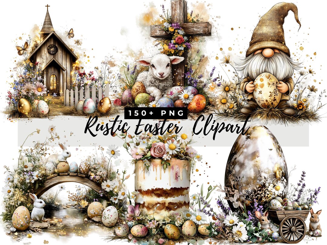 Rustic Easter Clipart, Boho Bunny, Egg PNG, Watercolor Basket and ...