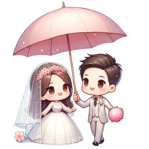 Chibi Clipart Couple, Chibi Couple Clipart, Couple Travel Chibi, Bride ...