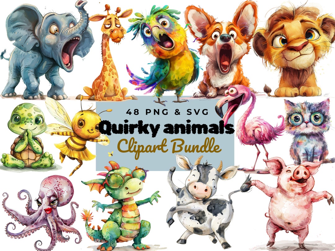 Watercolor Quirky Animals Clipart, Farm Animals, Funny Birds, Quirky ...
