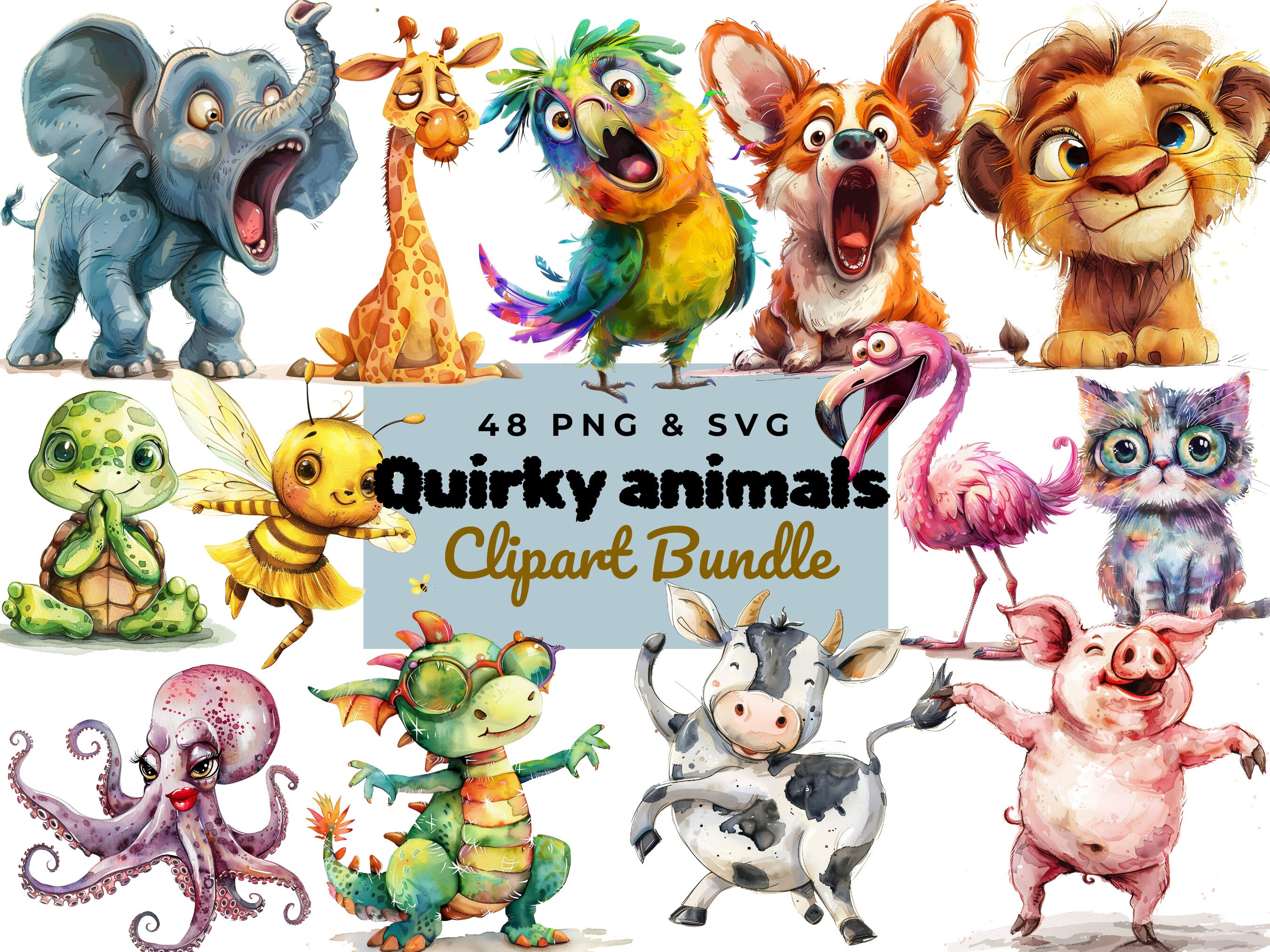 Watercolor Quirky Animals Clipart, Farm Animals, Funny Birds, Quirky ...