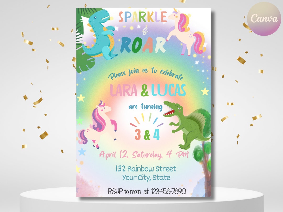 Unicorn and Dinosaur Invitation, Sibling Birthday Digital Invite ...