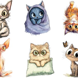 Watercolor Quirky Cats Clipart, Cute Funny Kitten Clip Art, Sublimation ...