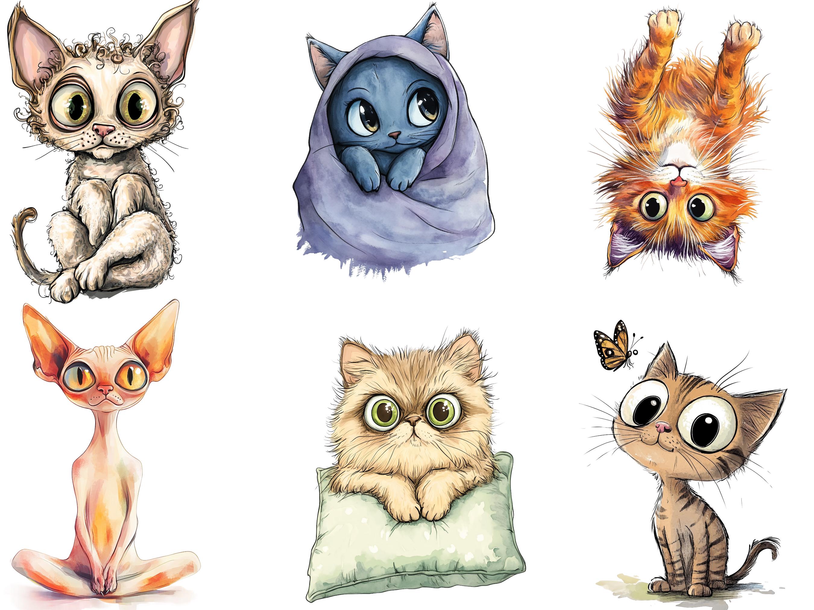 Watercolor Quirky Cats Clipart, Cute Funny Kitten Clip Art, Sublimation ...