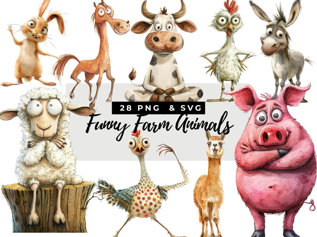 Watercolor Quirky Farm Animals Clipart, Funny Chicken, Funny Sheep ...