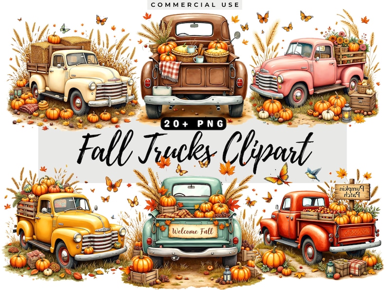 Watercolor Fall Trucks Collection Clipart, Autumn Pumpkin Truck PNG ...