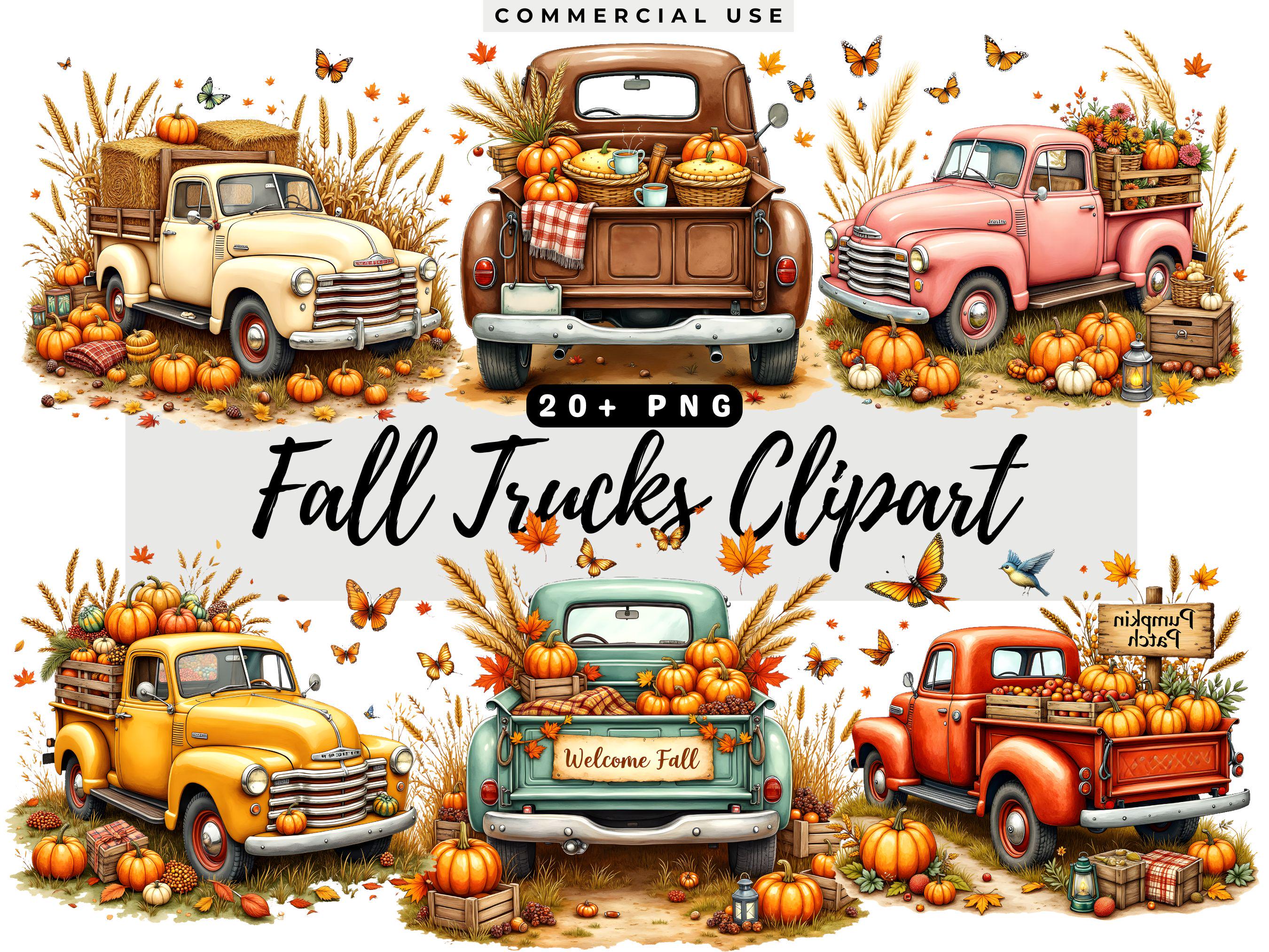 Watercolor Fall Trucks Collection Clipart, Autumn Pumpkin Truck PNG ...