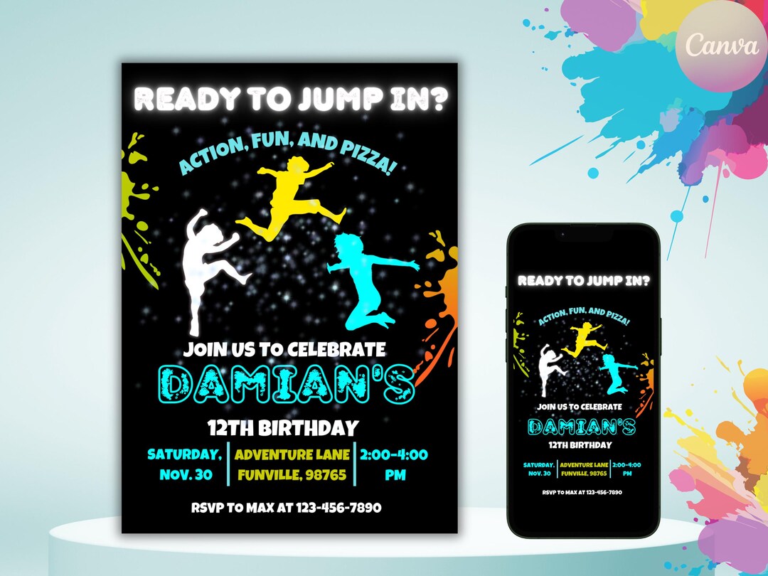 Urban Air Birthday Party Invitation Trampoline Park Invite Neon Jump ...
