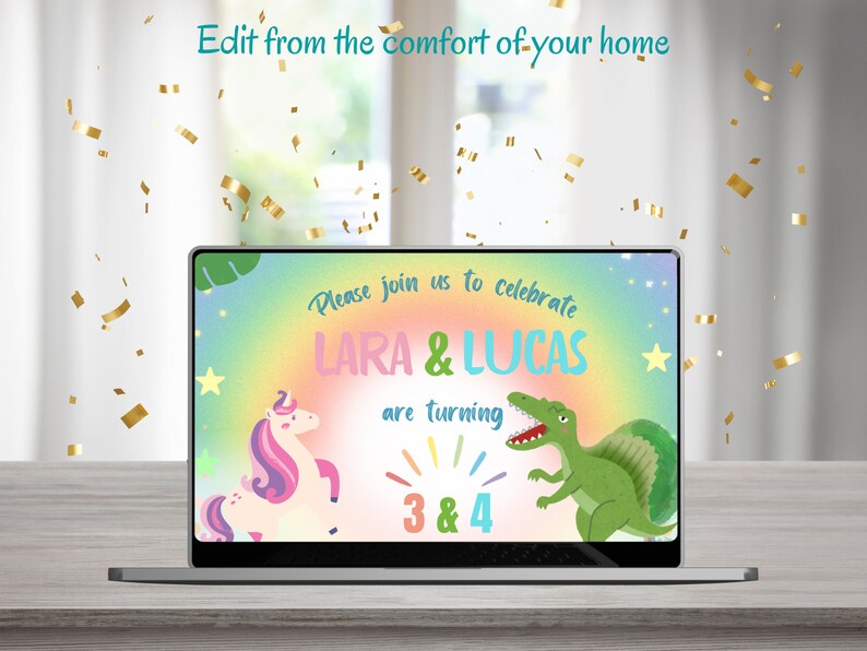 Unicorn and Dinosaur Invitation, Sibling Birthday Digital Invite ...