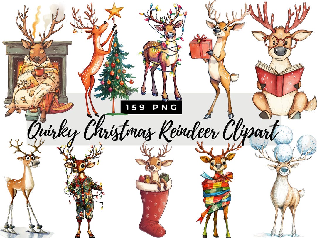 Watercolor Quirky Reindeer Clipart, Funny Christmas Sublimation Bundle ...