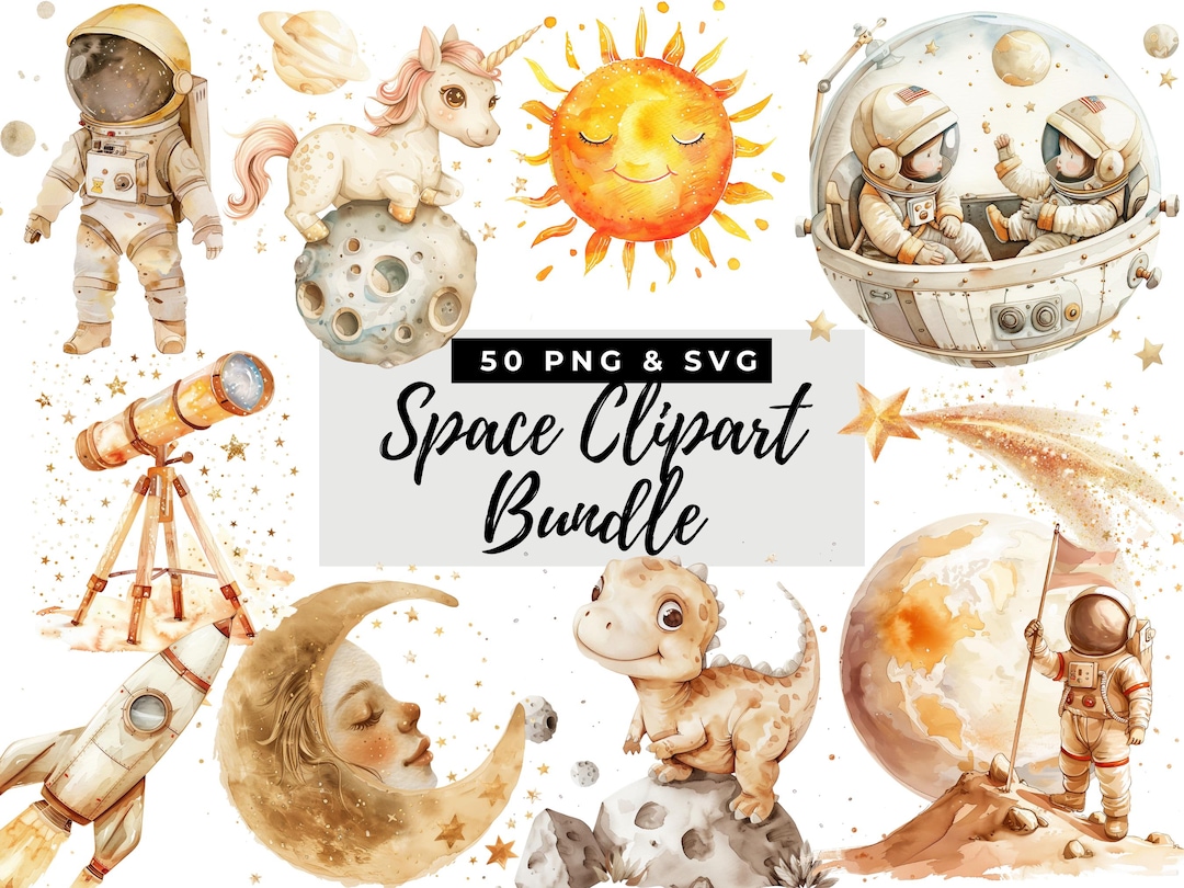 Watercolor Space Clipart Bundle, Cute Space Clipart Bundle, Sun ...