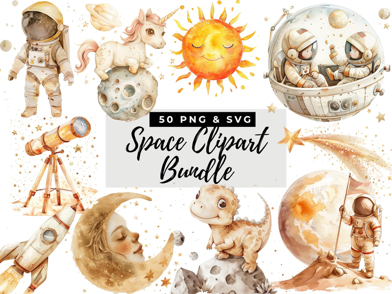 Watercolor Space Clipart Bundle, Cute Space Clipart Bundle, Sun ...