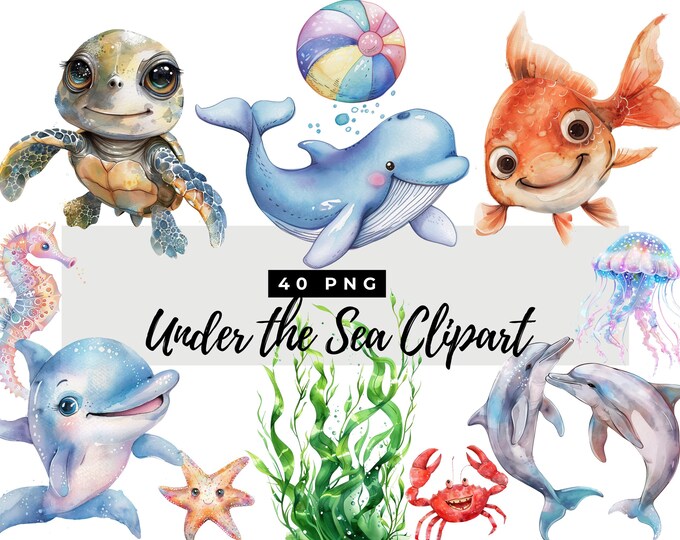 Watercolor Sea Animals Nursery Marine Life Clipart PNG Sealife Clipart ...