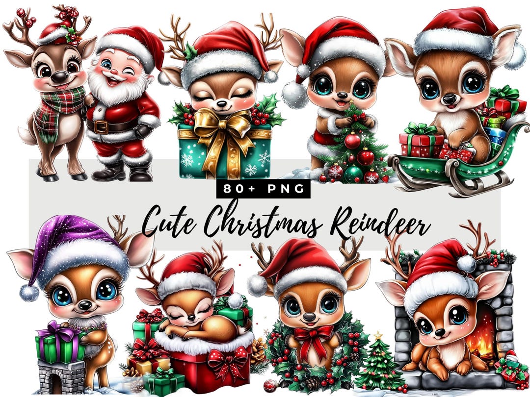 Cute Christmas Reindeer Clipart Set, Reindeer PNG Clipart, Festive ...