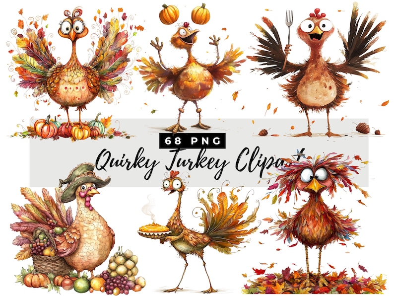 Quirky Turkey Clipart Bundle Funny Cute Autumn Bird Illustrations for ...
