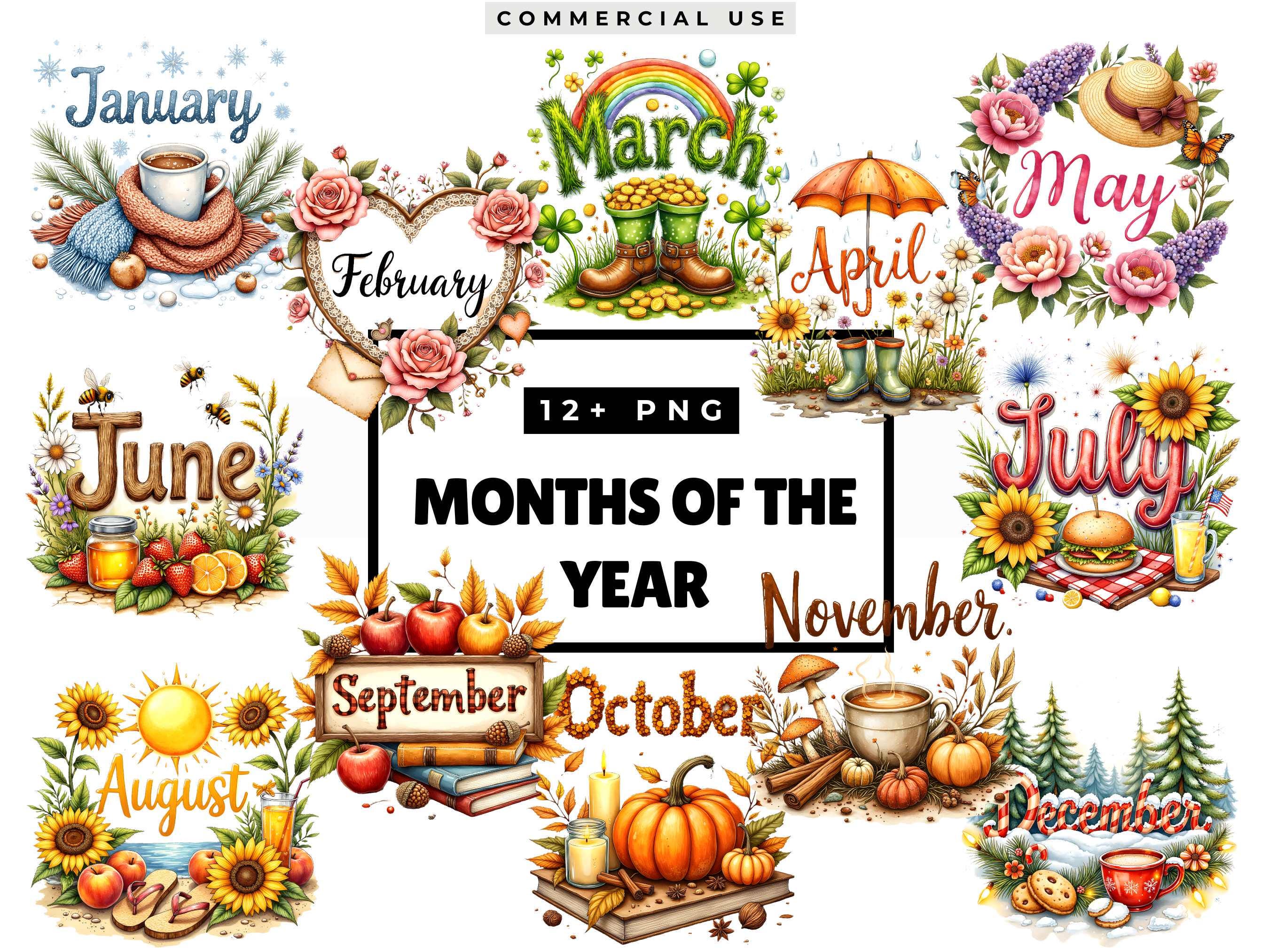 Months of the Year Watercolor Clipart, Monthly Clipart for Planners ...