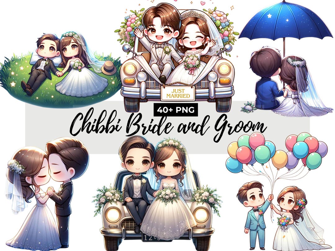 Chibi Clipart Couple, Chibi Couple Clipart, Couple Travel Chibi, Bride ...