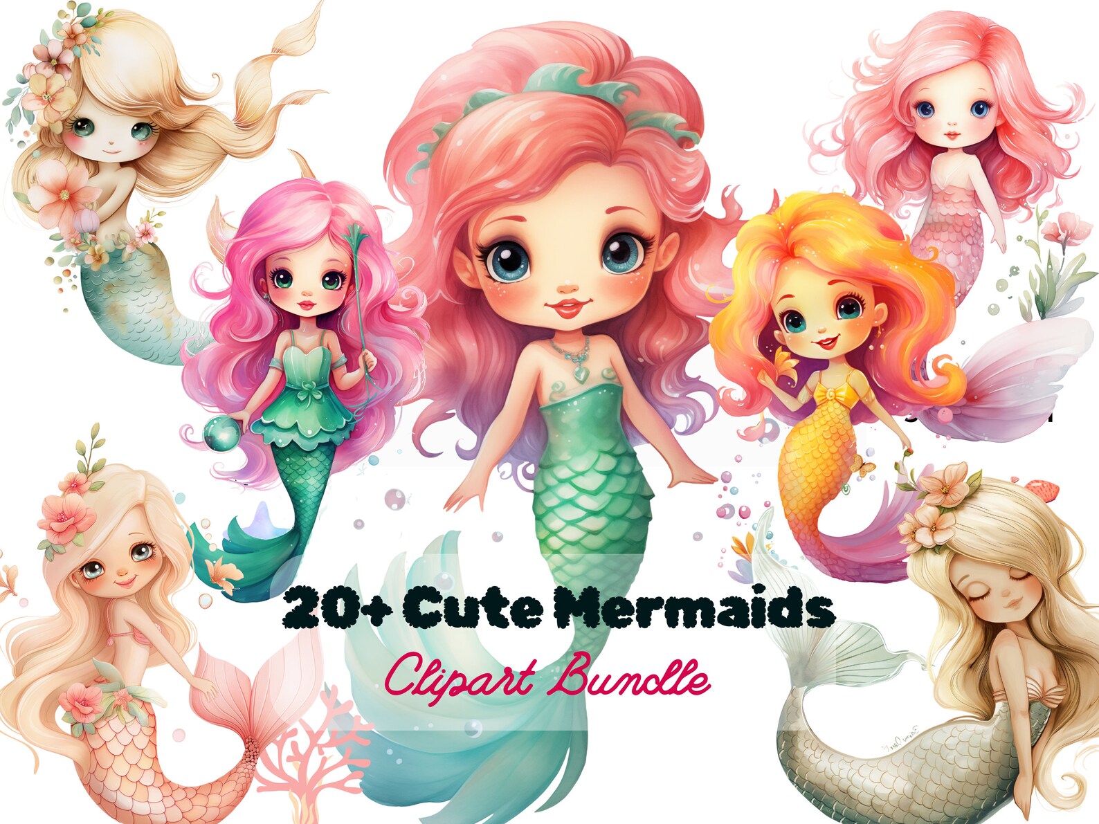 Cute Mermaids Clipart, Mermaids Png, Mermaid for Crafting, Watercolor ...