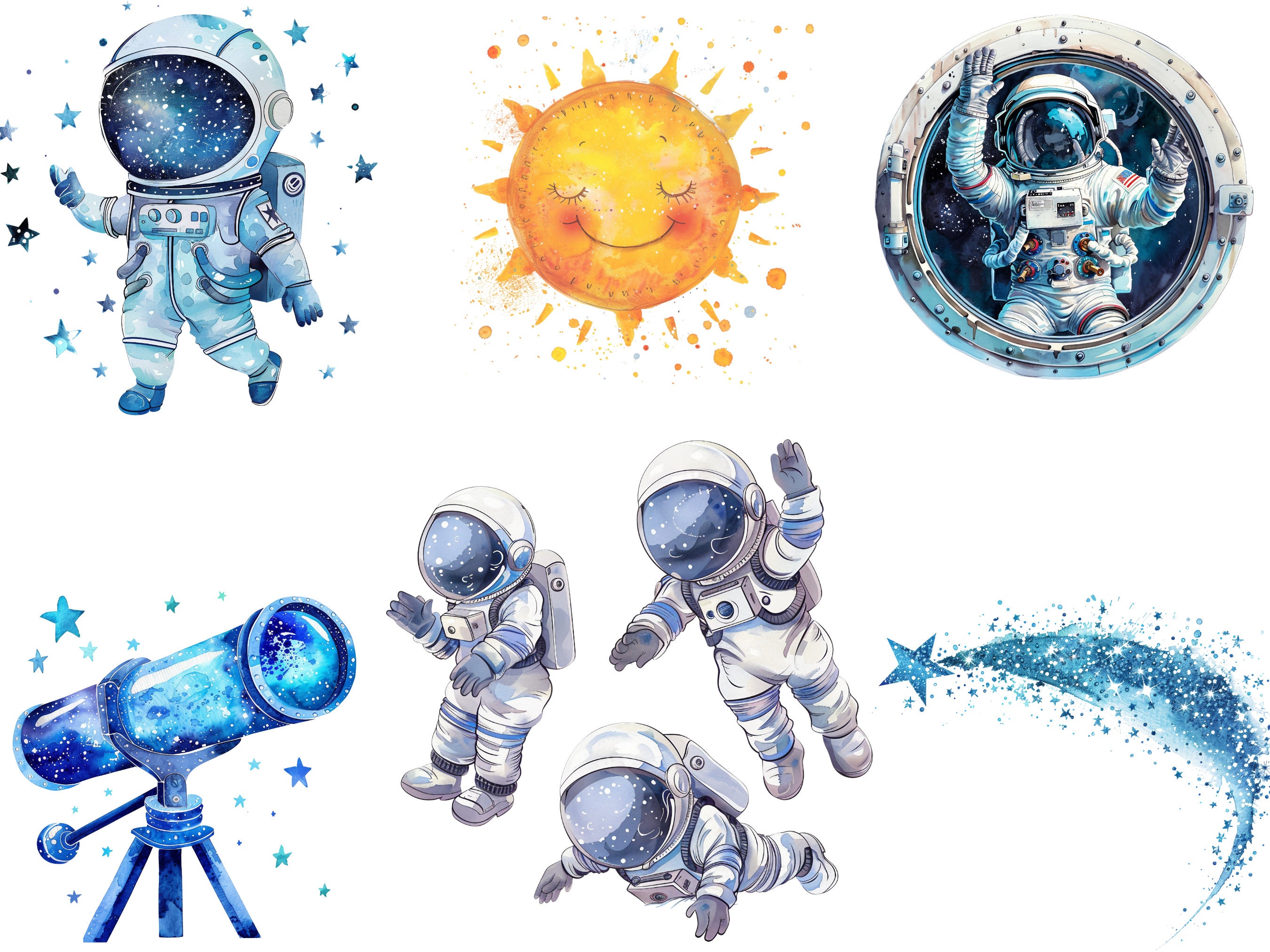 Watercolor Space Clipart Bundle, Cute Space Clipart Bundle, Sun ...