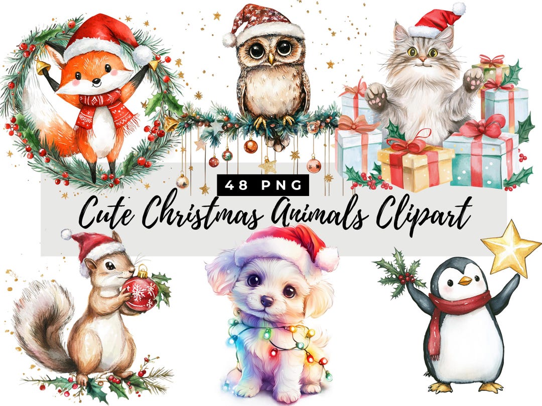 Watercolor Cute Christmas Animals Clipart, Christmas Woodland, Winter ...