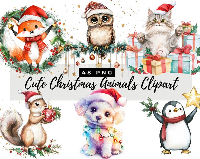 Watercolor Cute Christmas Animal Clipart, Christmas Animals Clipart ...