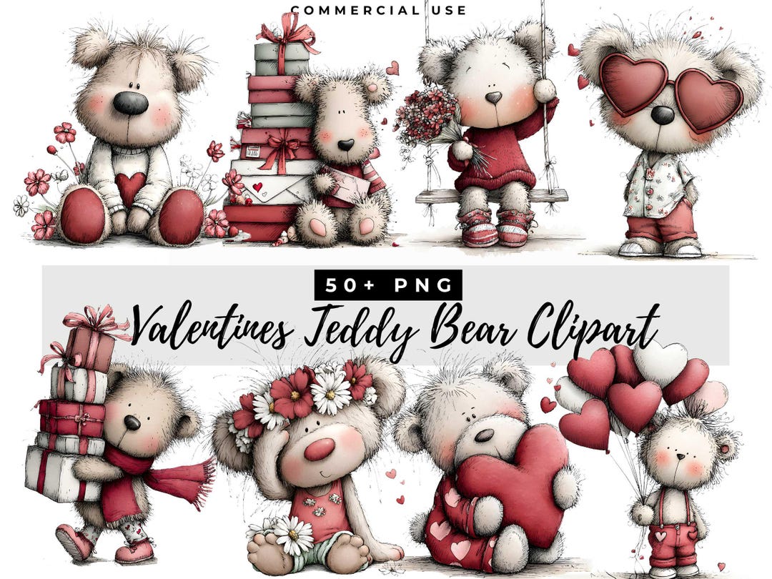 Whimsical Valentines Teddy Bear Clipart Bundle, Love Graphics, Digital ...