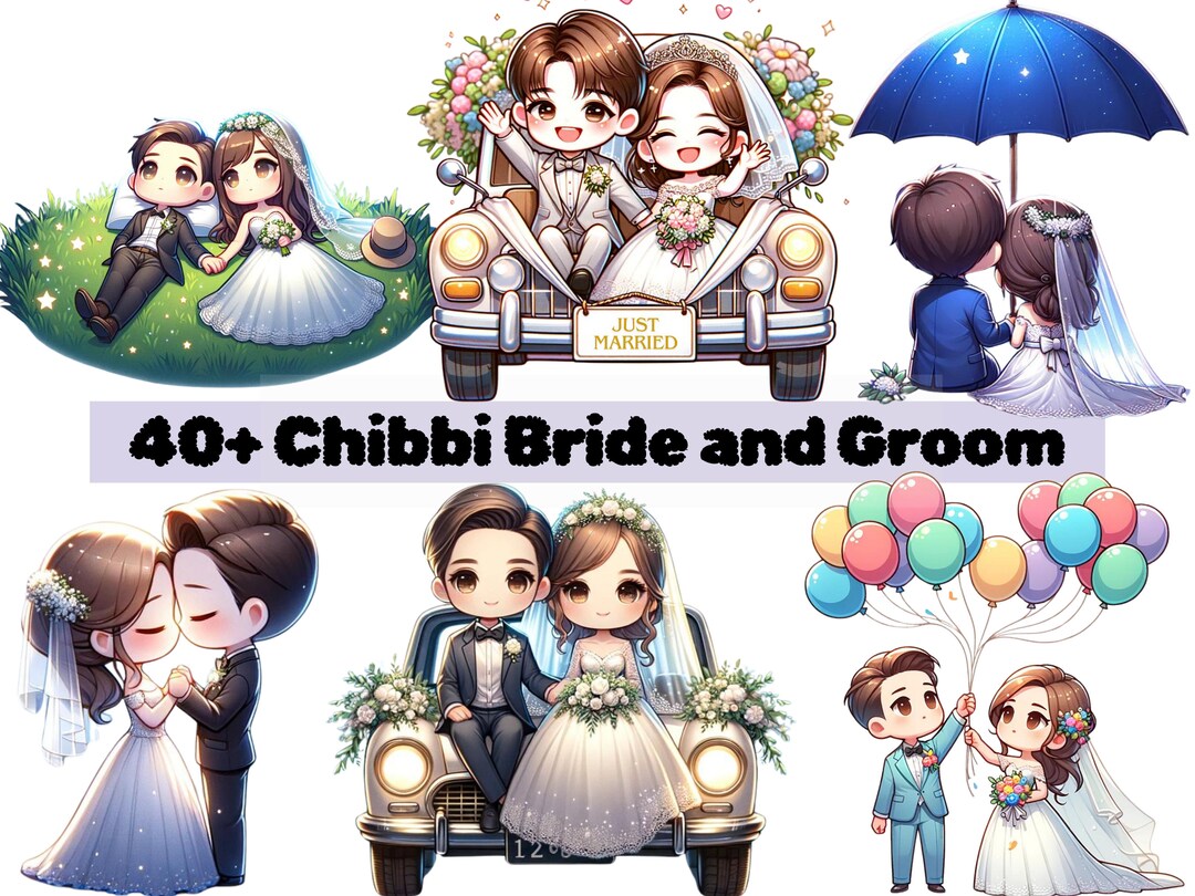 Chibi Clipart Couple, Chibi Couple Clipart, Couple Travel Chibi, Bride ...