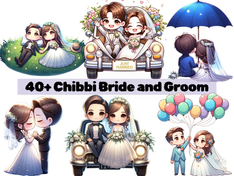 Chibi Clipart Couple, Chibi Couple Clipart, Couple Travel Chibi, Bride ...