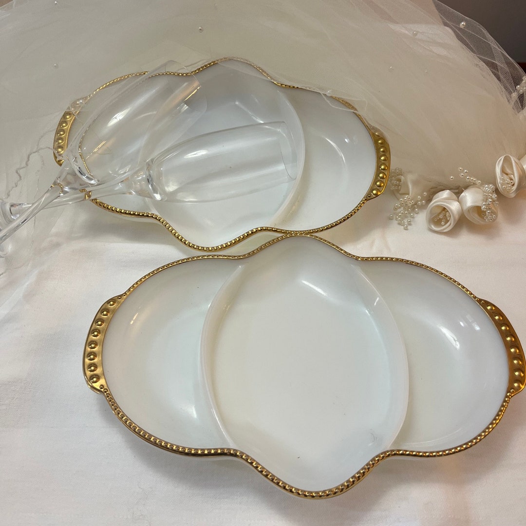 Vintage Milk Glass Divided Serving Plate With Gold Trim Oval Fire King ...